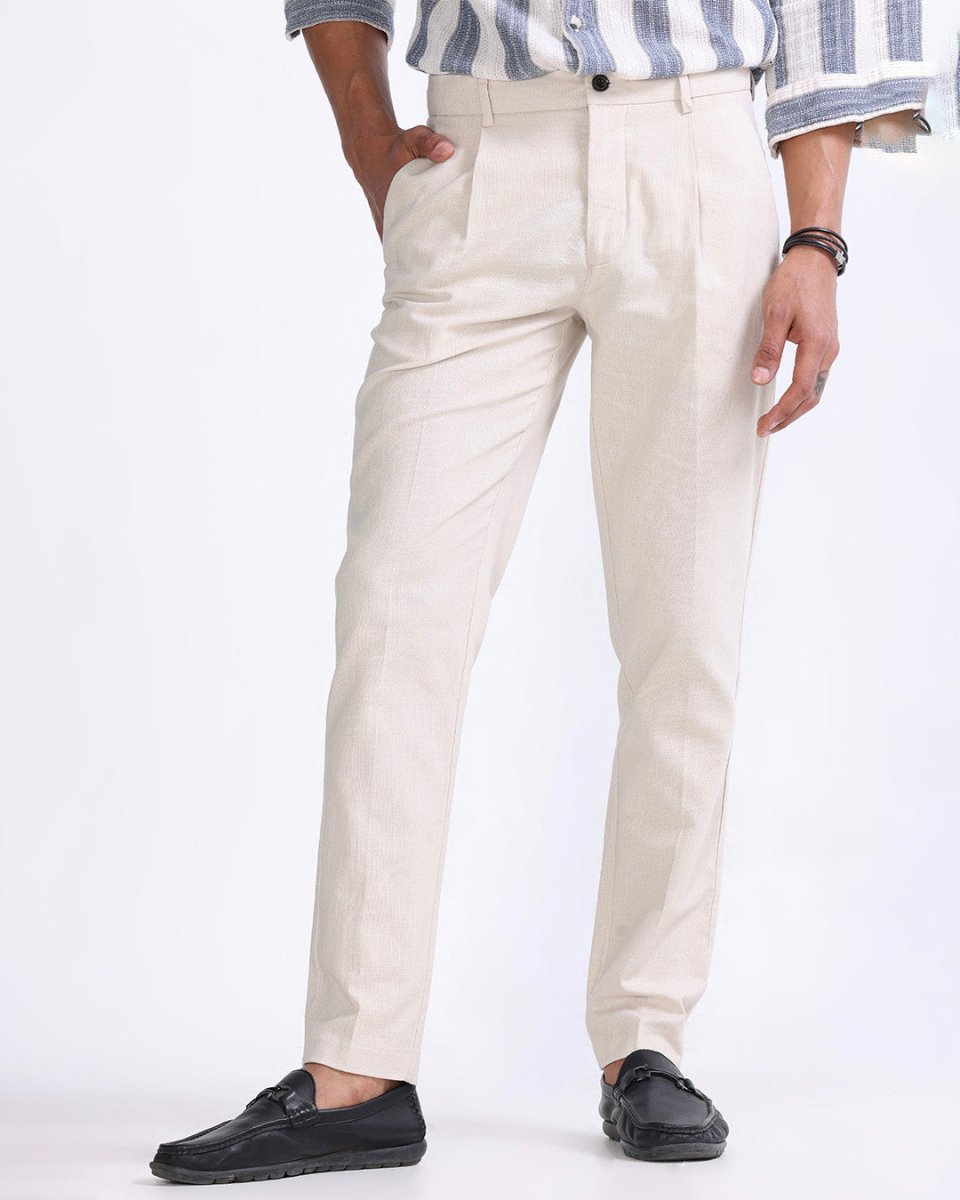 Men’s Cream Tailored Fit Raw Slub Pleated Trouser – TAILORAEDGE